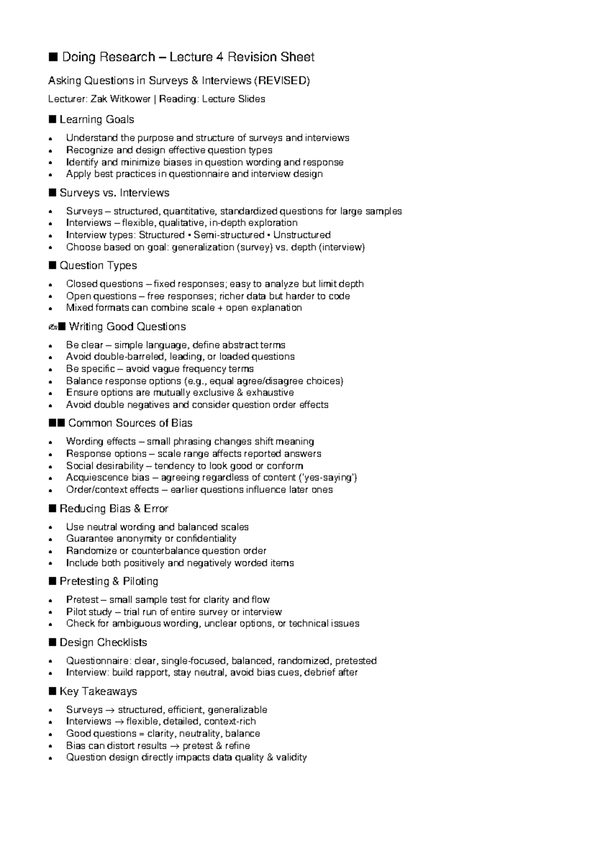 Doing Research Lecture 4: Survey & Interview Design Revision Sheet ...