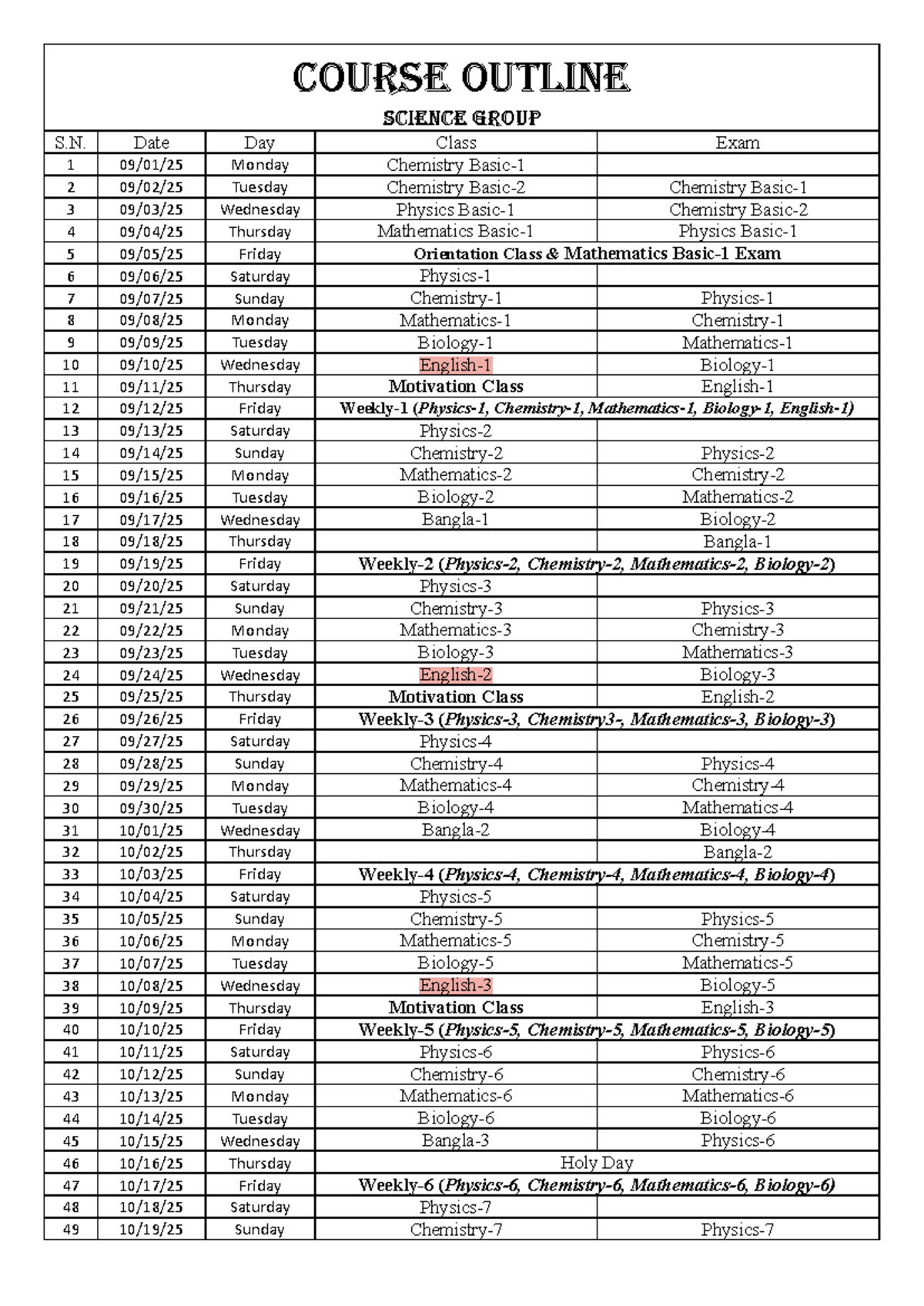 Course Outline: Science Group Schedule and Exam Details - Studocu