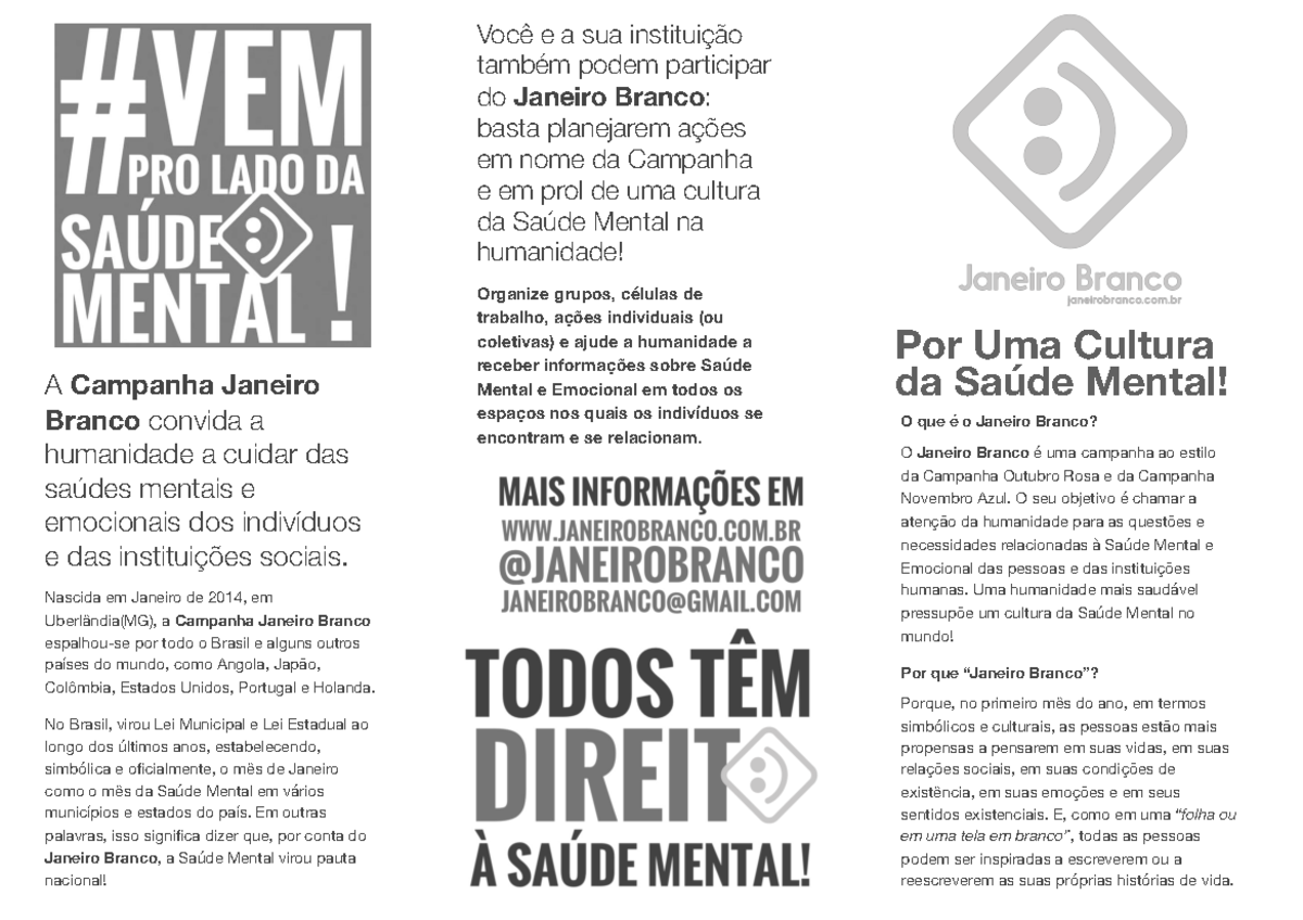 Cartilha “O que é o Janeiro Branco ” - A Campanha Janeiro Branco convida a humanidade a cuidar ...