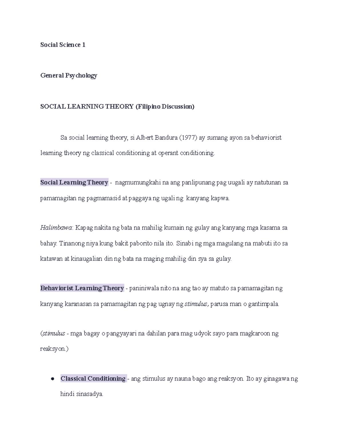 Social Learning Theory - Social Science 1 General Psychology SOCIAL ...