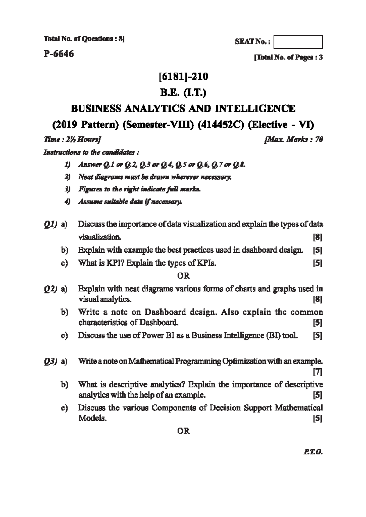 BAI 414452C - Business Analytics & Intelligence Question Paper (2019 ...