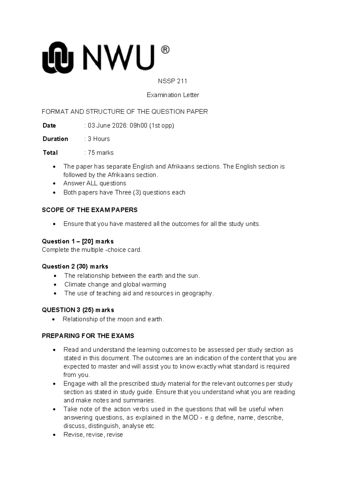 NSSP 211 Final Exam Structure and Preparation Guide - Studocu
