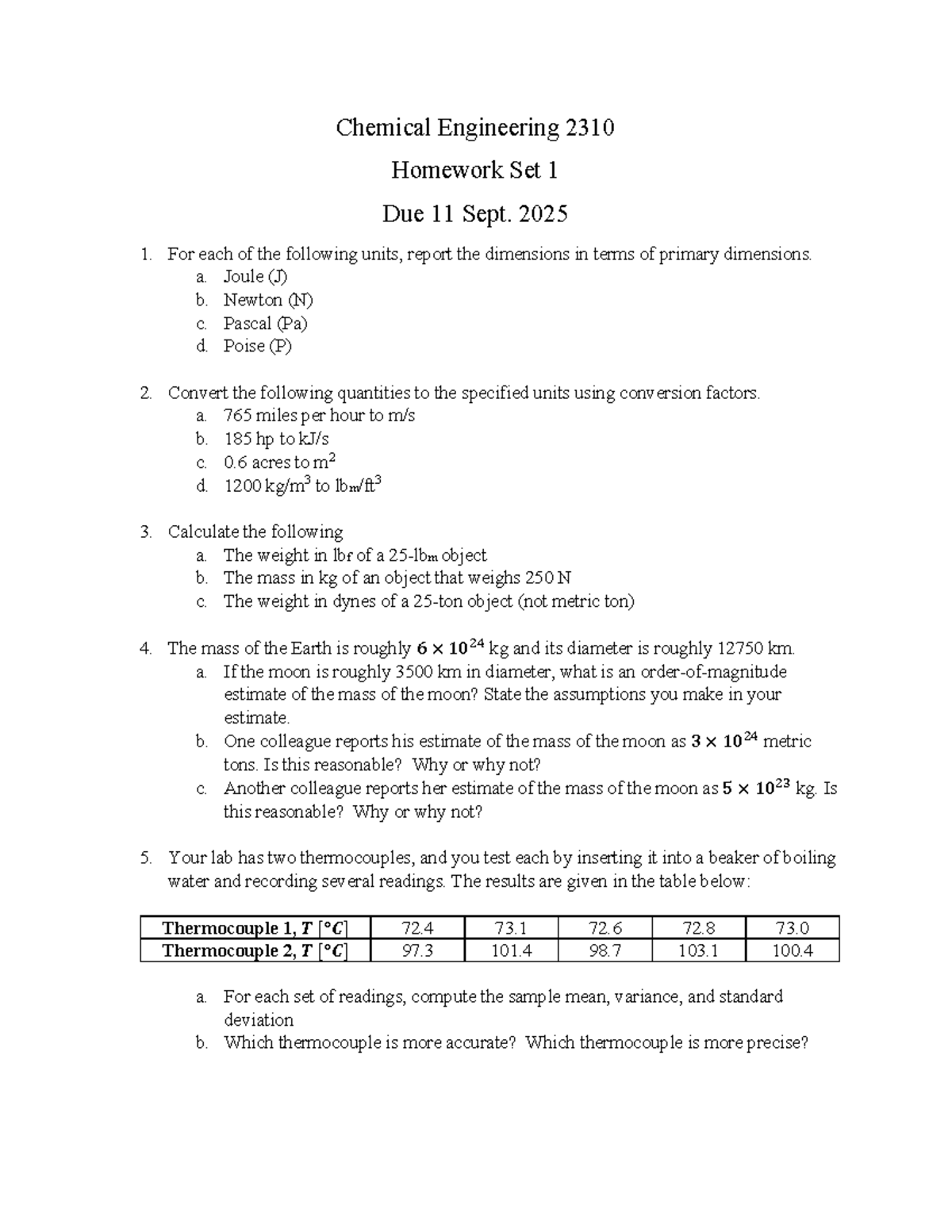 CHE2310 Homework Set 1: Dimensional Analysis & Thermocouple Data - Studocu