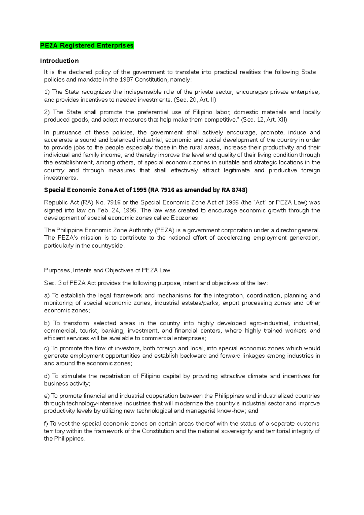 PEZA Registered Enterprises Overview and Impact Analysis - Studocu