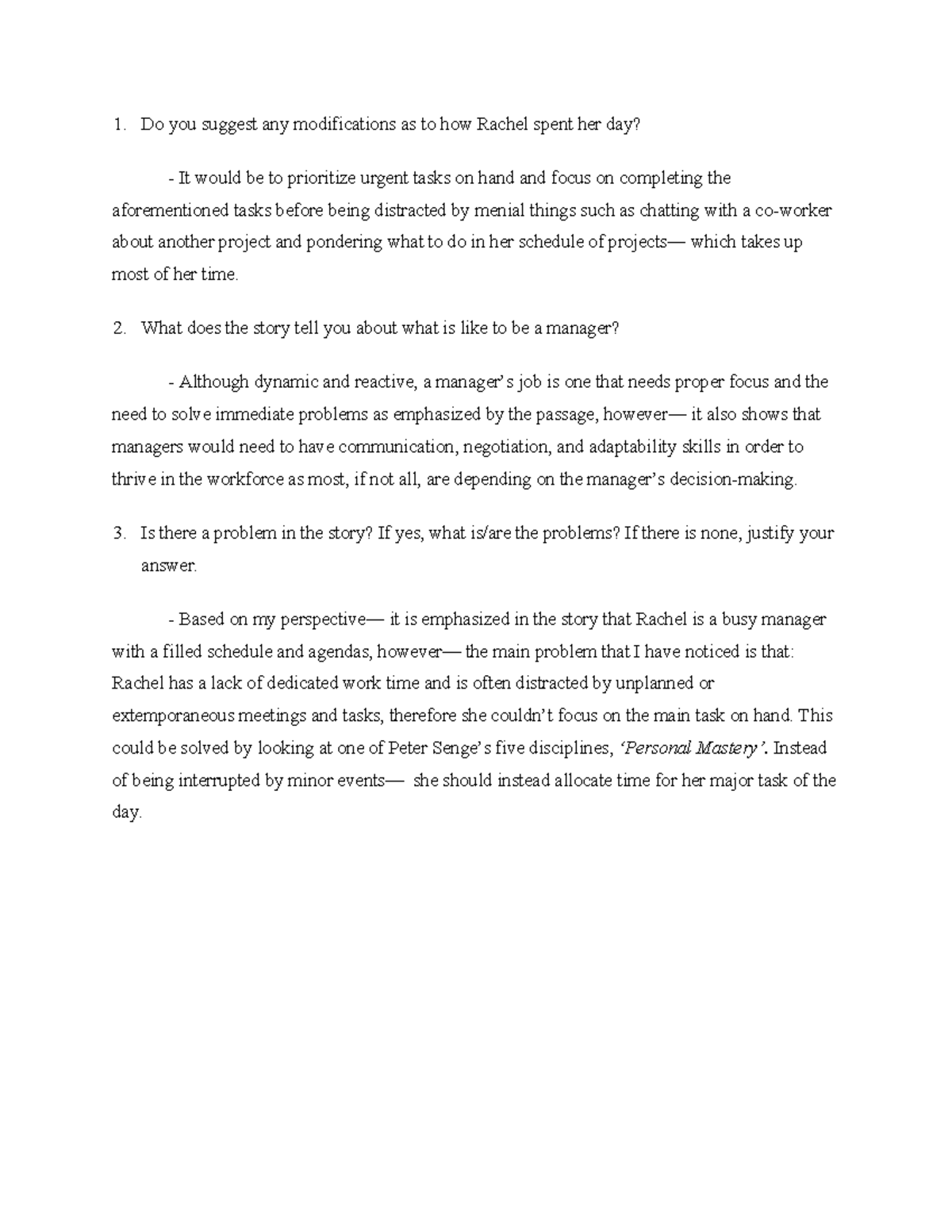 Class Activity BME14: Analyzing Rachel's Management Challenges - Studocu