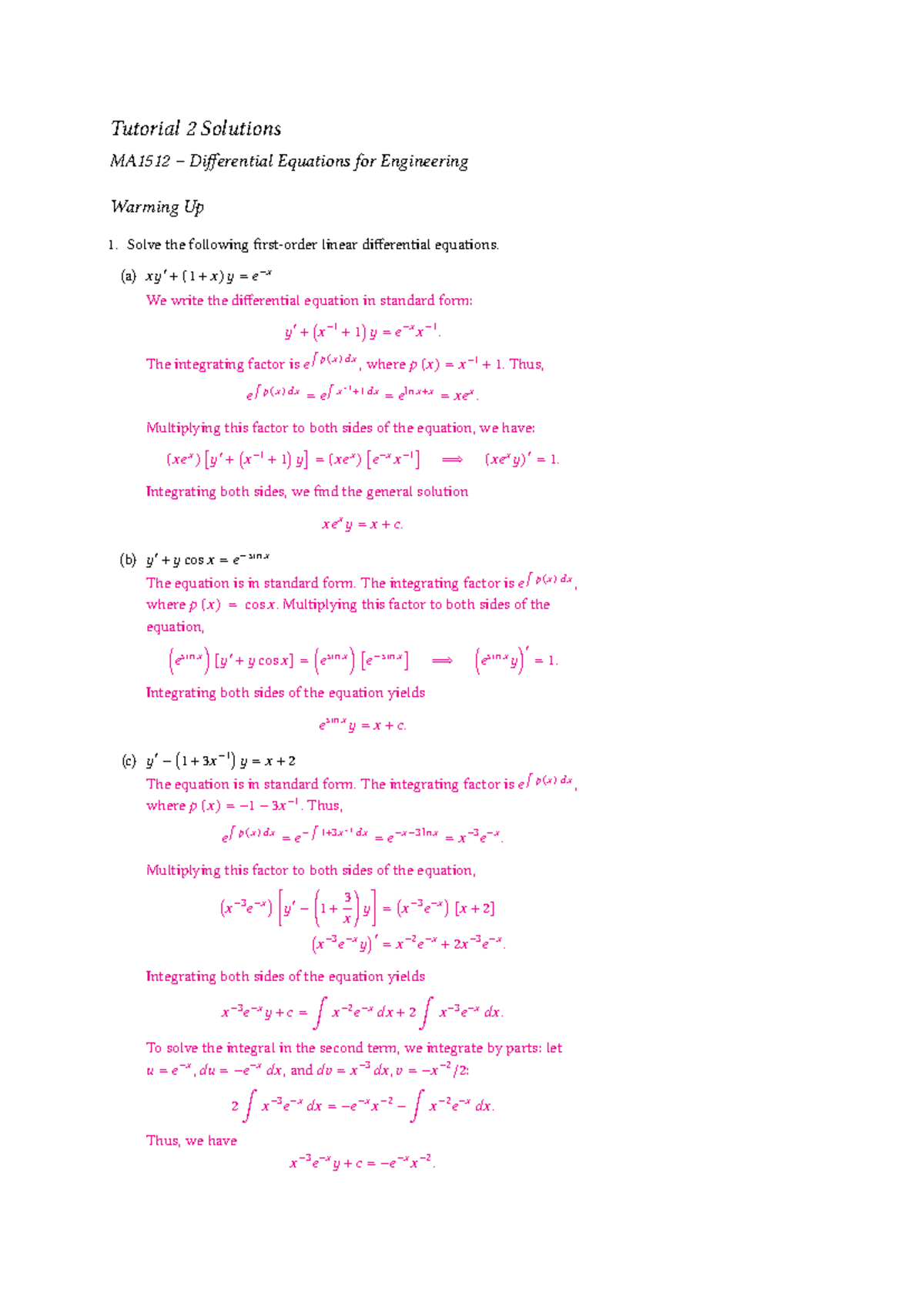 Tutorial 2 Solutions MA1512 Differential Equations for Engineering ...