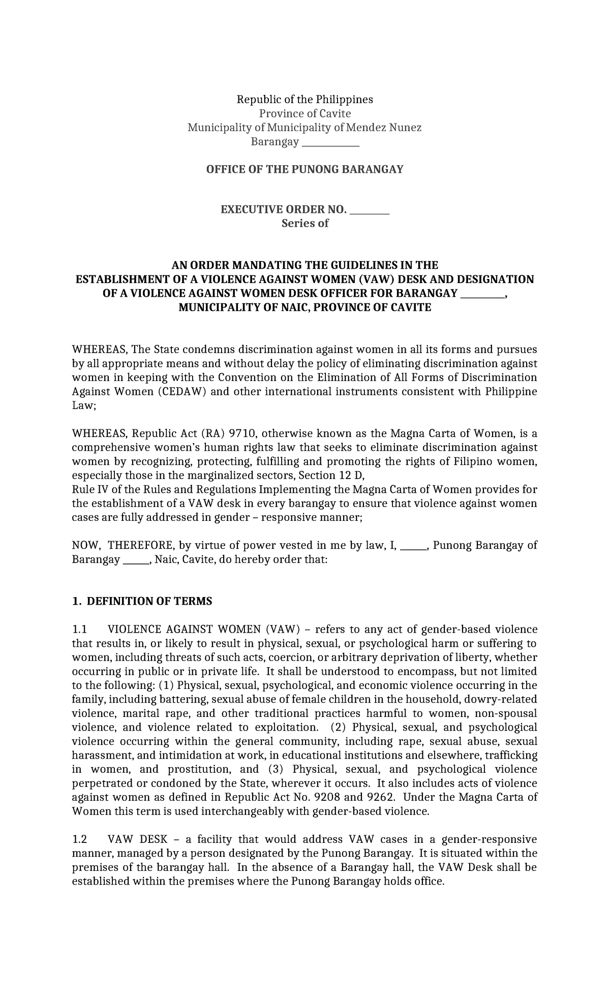 Guidelines for Establishing VAW Desk in Barangay - Exec. Order No ...