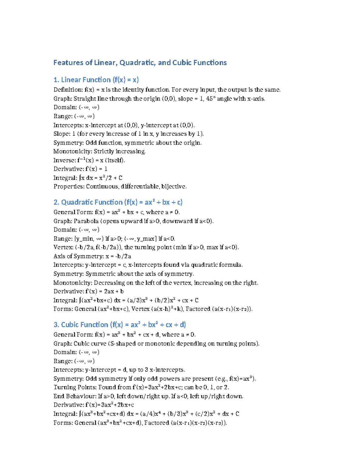 Functions Features: Linear, Quadratic, and Cubic Functions Overview ...