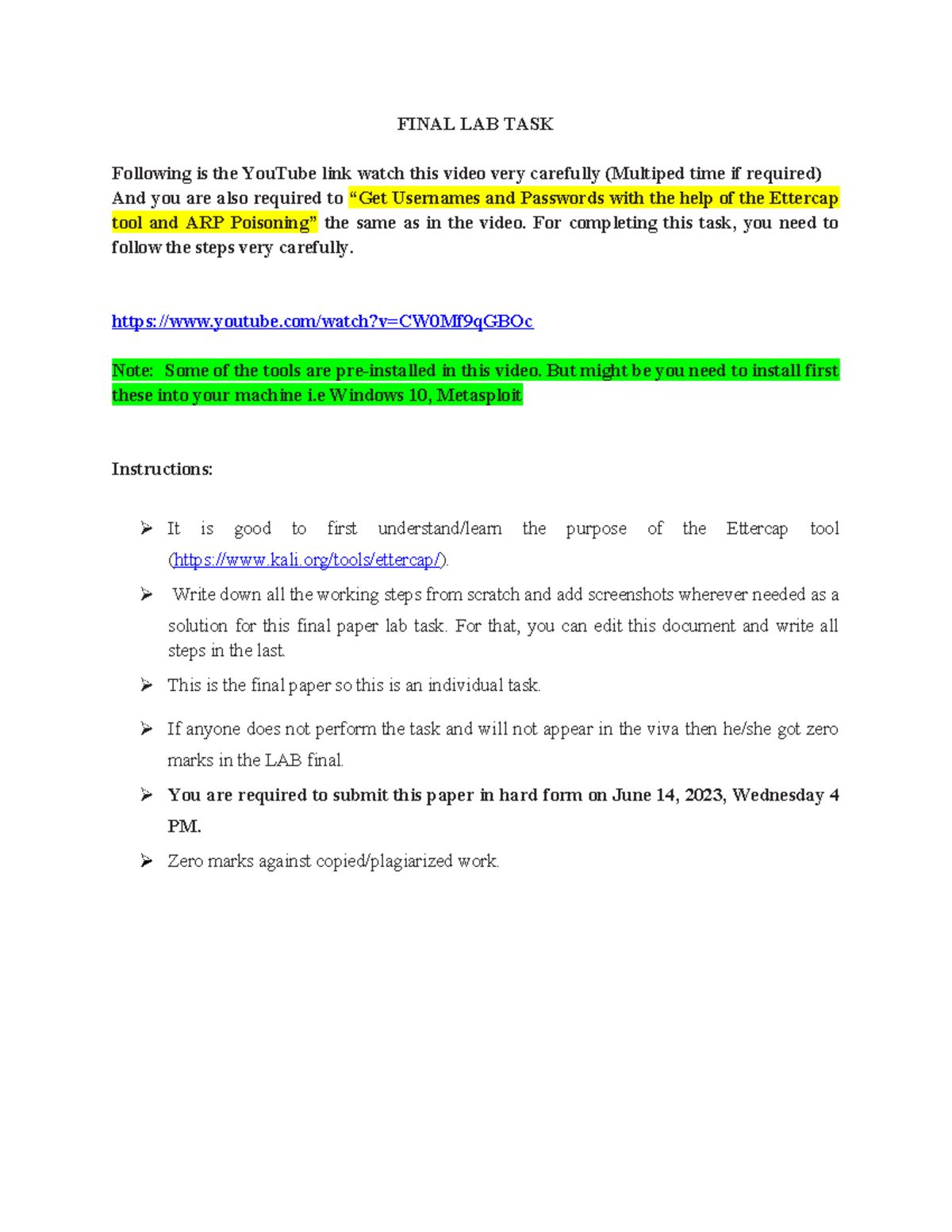 FINAL LAB TASK: Ettercap Tool Instructions & Steps - Studocu