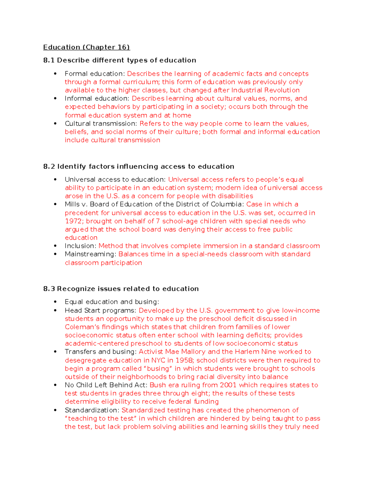 Sociology Study Guide (Chapters 8-11) on Education, Politics, and ...