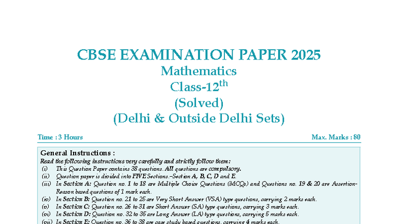 CBSE 2025 Mathematics Solved Examination Paper (Delhi) - Studocu