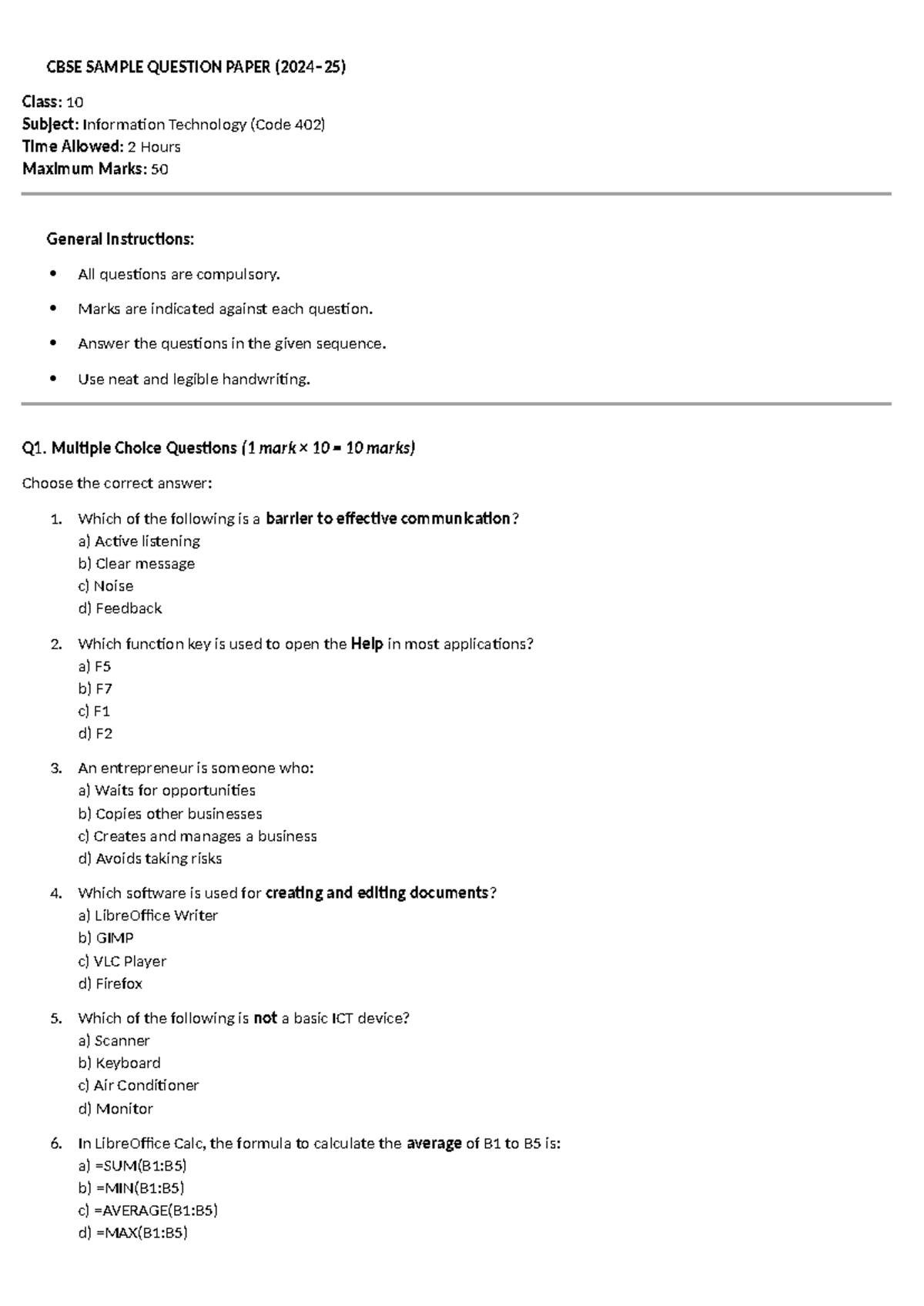 CBSE Class 10 IT Sample Question Paper (Code 402) - Full Syllabus - Studocu