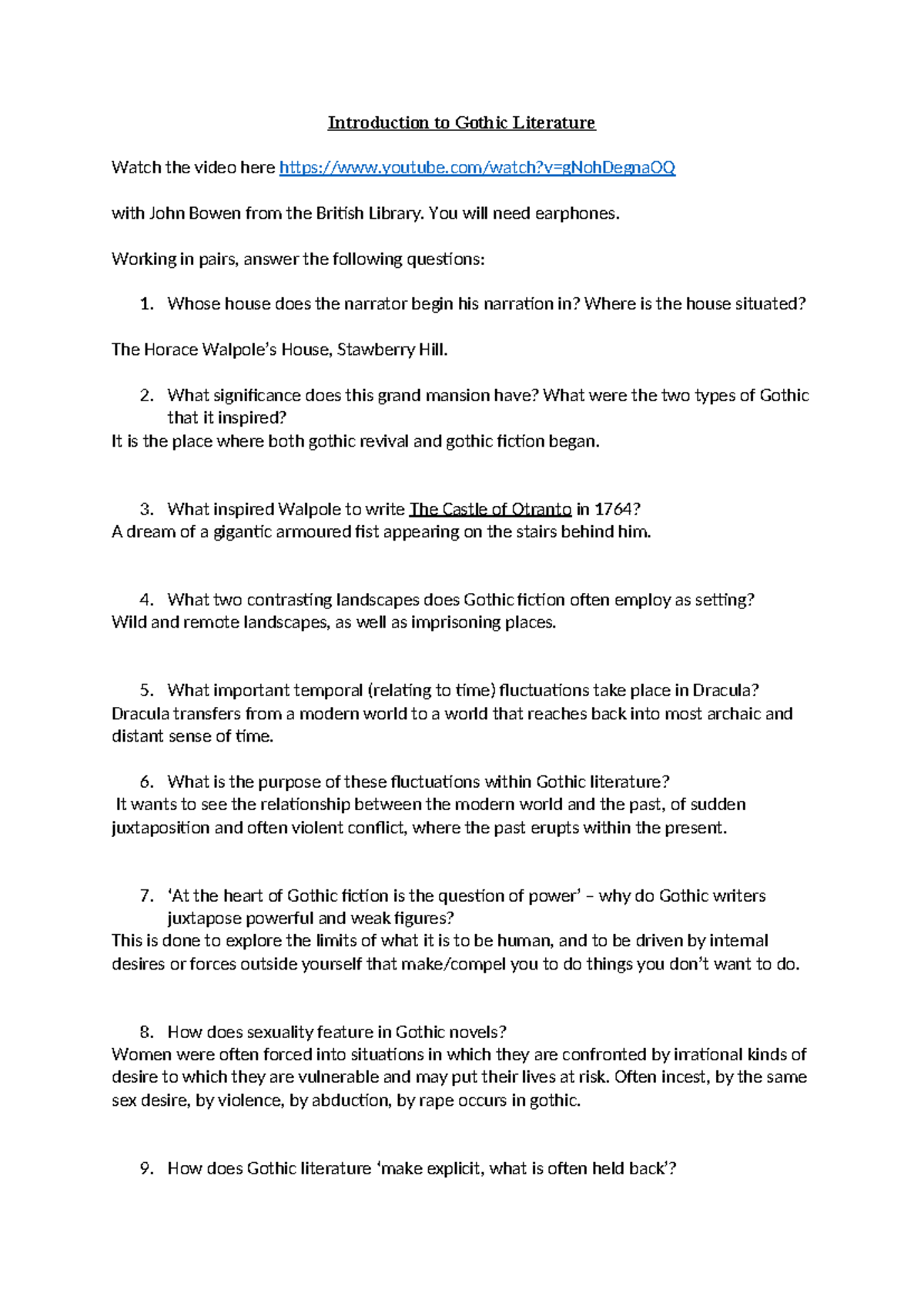 Introduction to Gothic Literature task - Introduction to Gothic ...