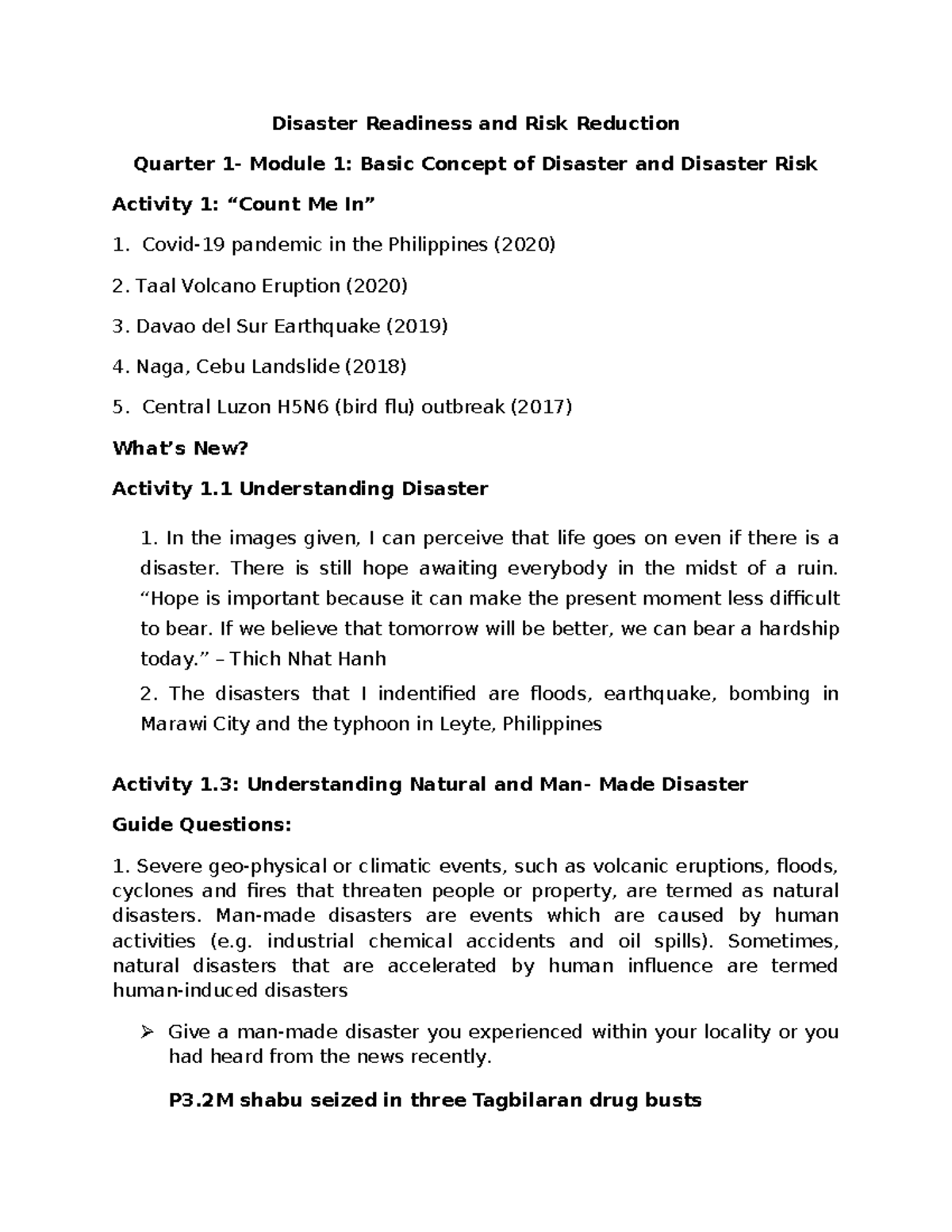 DRRR Q1 - Module 1 Answers - Disaster Readiness and Risk Reduction ...
