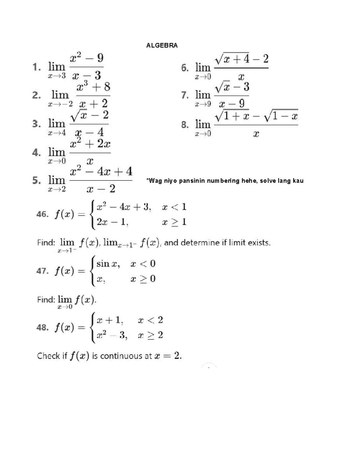 Limits - basic calculus - ALGEBRA *Wag niyo pansinin numbering hehe ...
