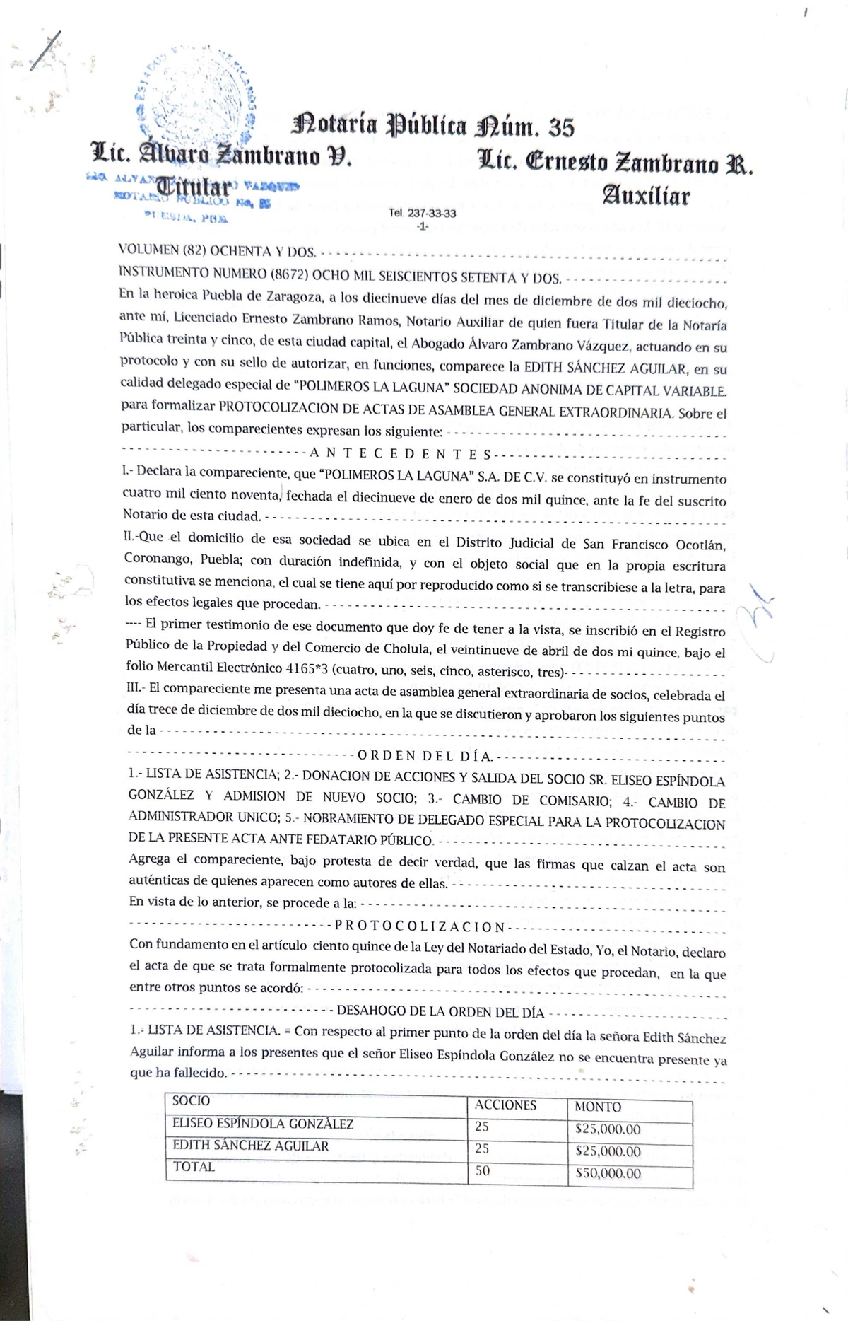 Protocolización de Acta de Asamblea General Extraordinaria - S.A. de C ...