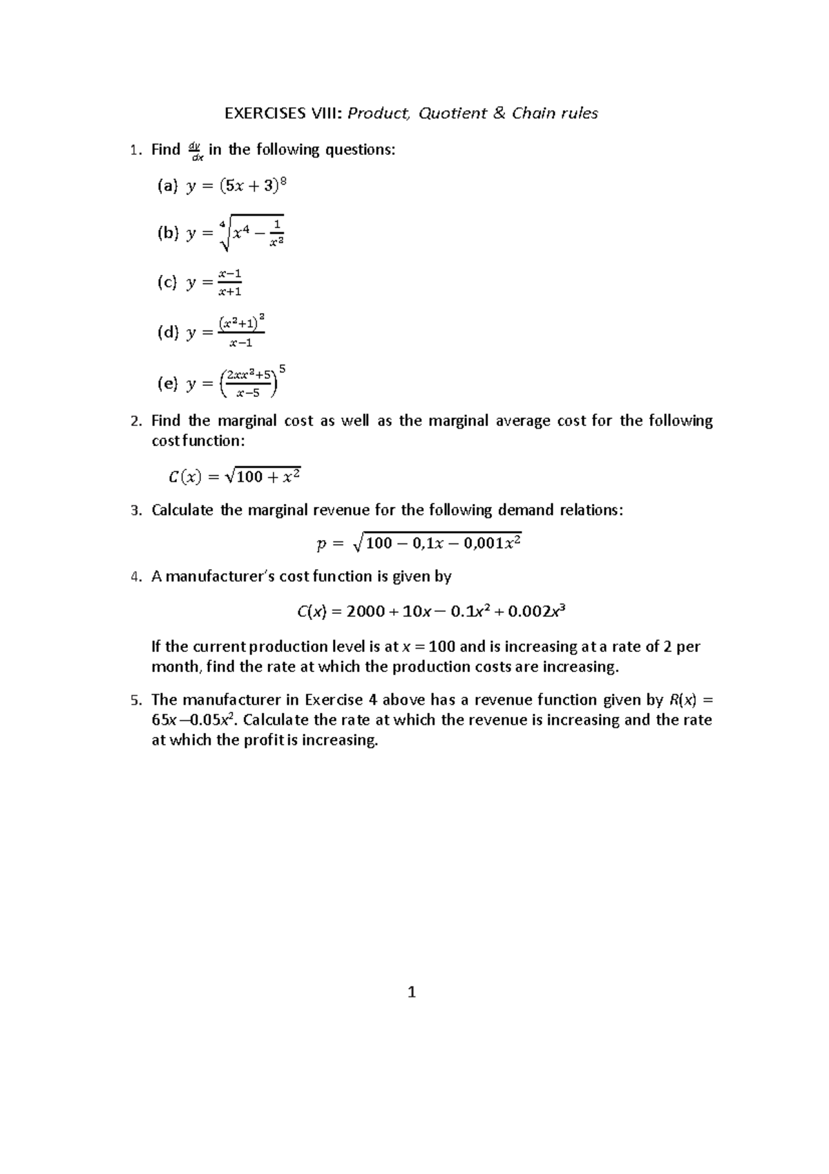 Calculus Exercises: Product, Quotient & Chain Rules (MATH 2025) - Studocu