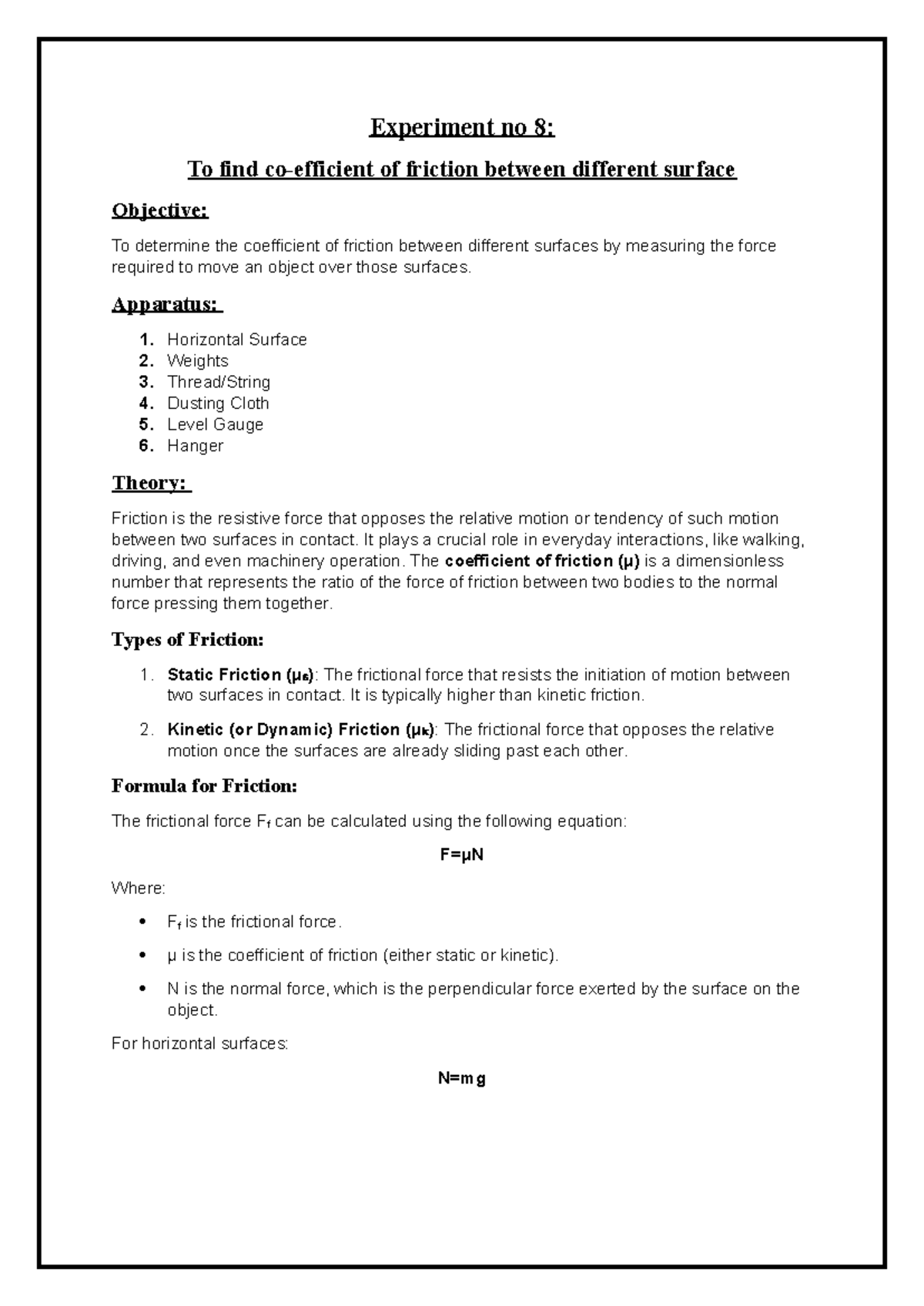 Experiment no 8 haziq - Experiment no 8: To find co-efficient of friction between different ...