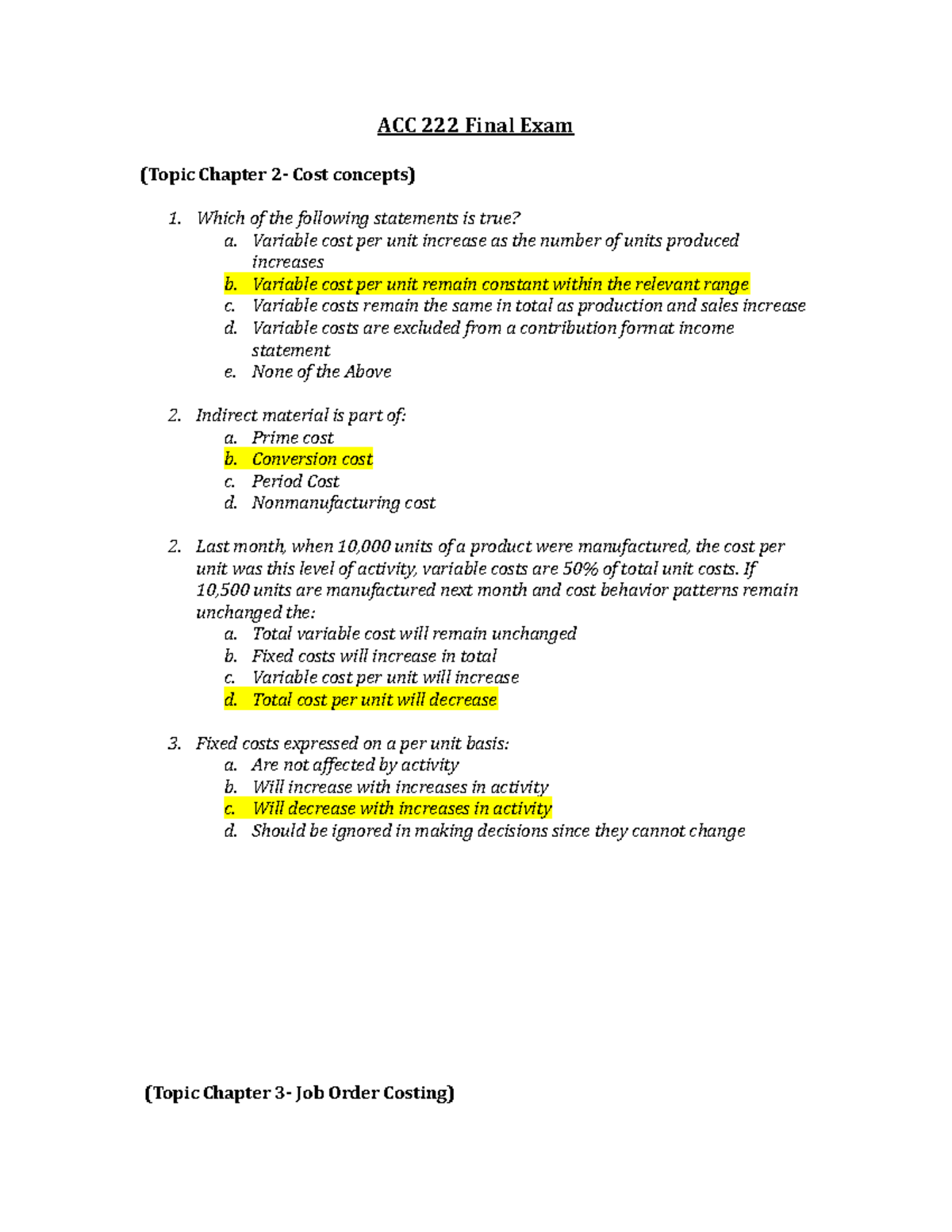 Final Exam Study Guide - ACC Final Exam (Topic Chapter Cost concepts) 1 ...