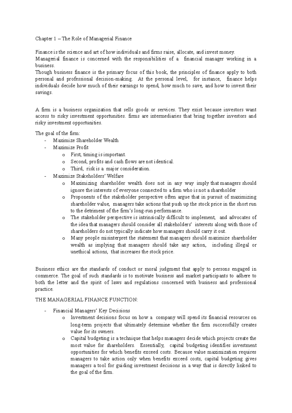FINC 101: Chapter 1 – Introduction to Managerial Finance Principles ...