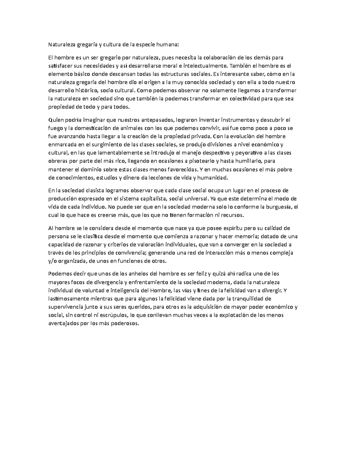 Naturaleza gregaria y cultura de la especie humana.docx analisis ...