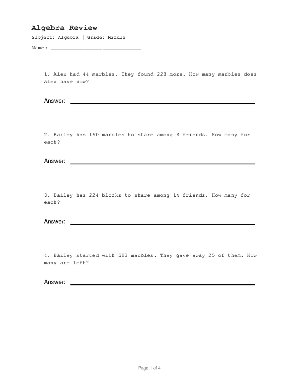 Algebra Review for Middle Grade Students - Practice Problems - Studocu