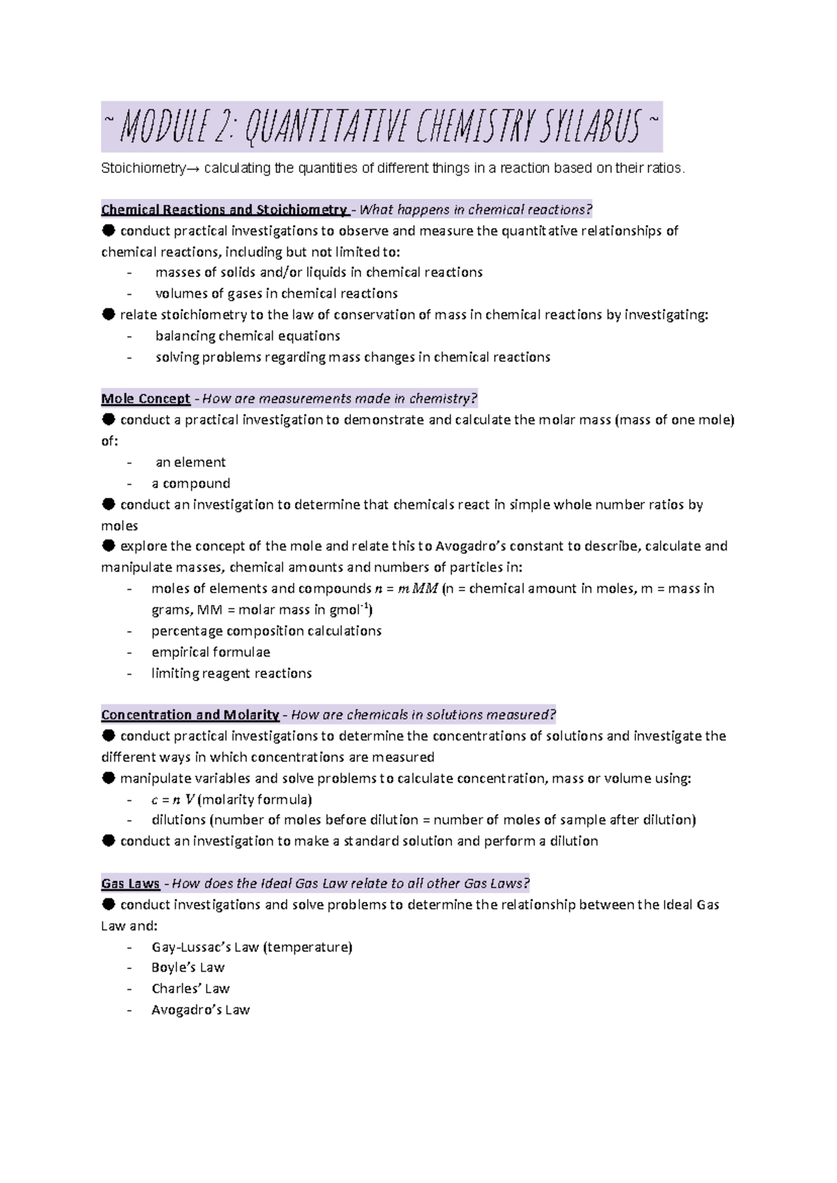 Chem Mod 2 - Lecture Notes on Quantitative Chemistry Year 11 - Studocu