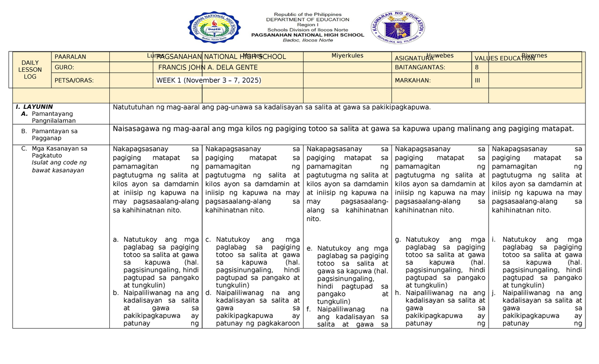 DLL WK 1 - DAILY LESSON LOG SA VALUES EDUCATION 8 (Nov 3-7, 2025) - Studocu