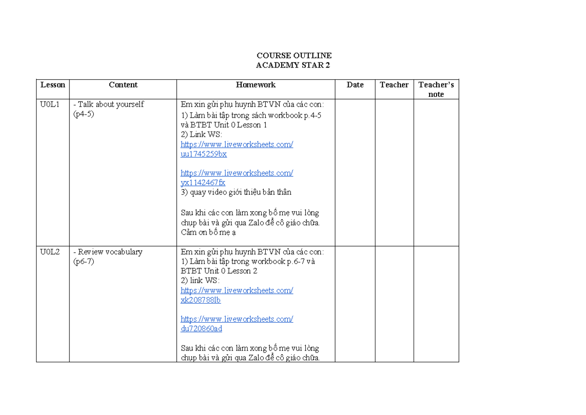 Academy Stars 2 Course Outline and Homework Assignments - Studocu
