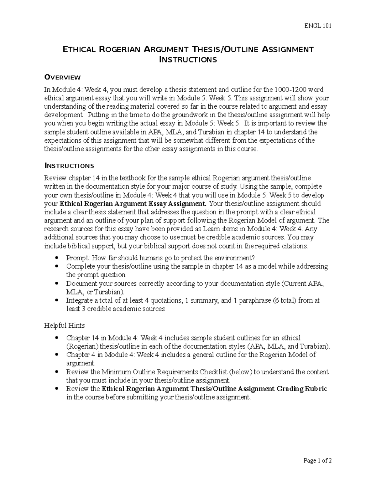 ENGL 101: Outline for Ethical Rogerian Argument Thesis Assignment - Studocu