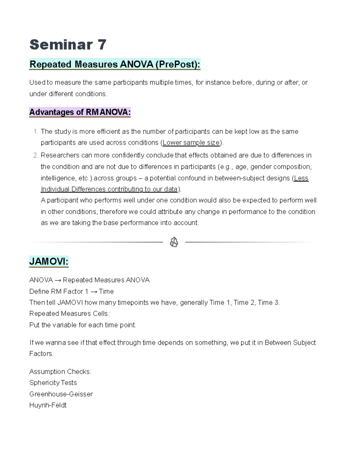 Seminar 7: Repeated Measures ANOVA Overview and JAMOVI Guide - Studocu