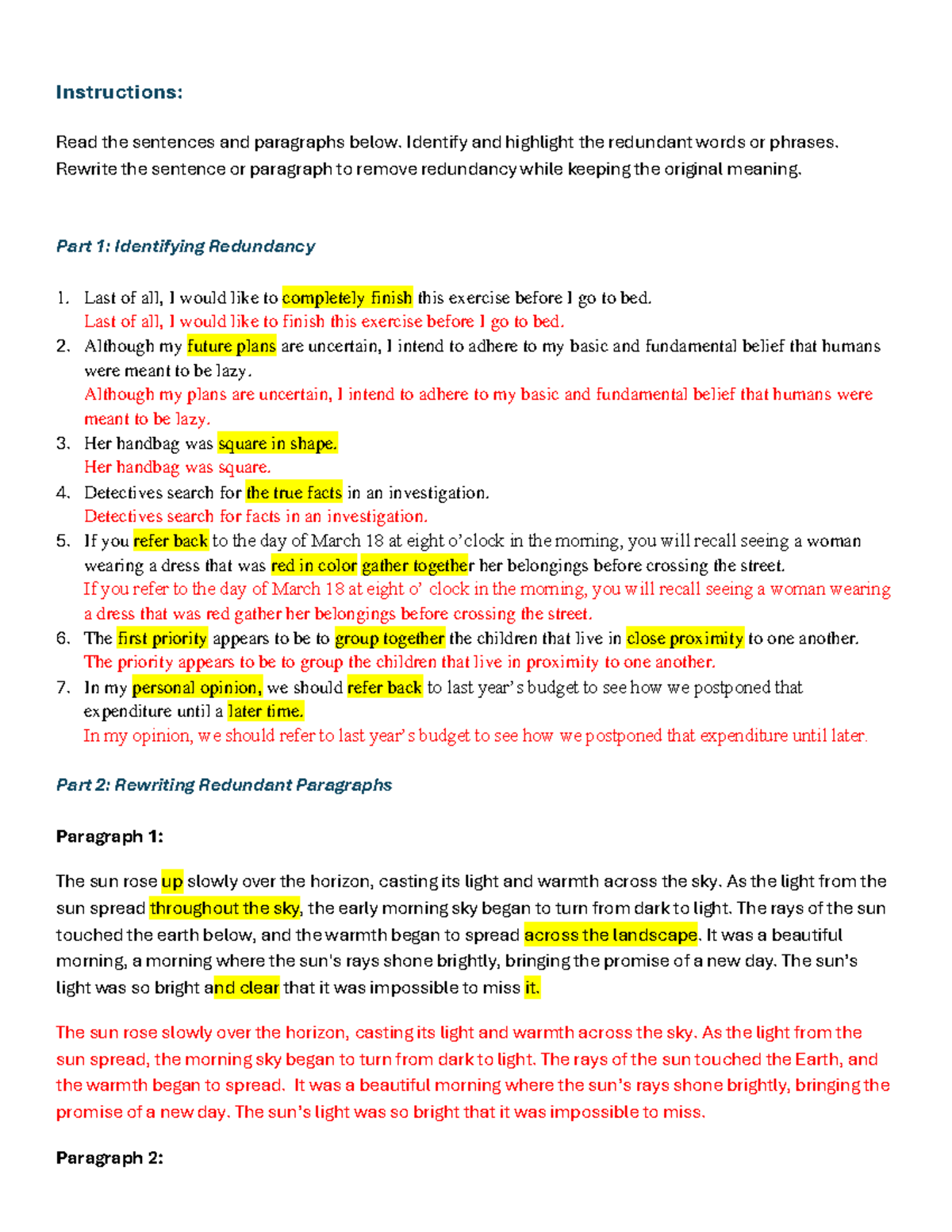 Redundancy Practice - JJJJ 101: Identifying and Revising Redundant ...