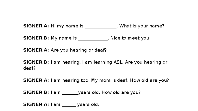 ASL Conversation Practice: Basic Introductions and Questions - Studocu