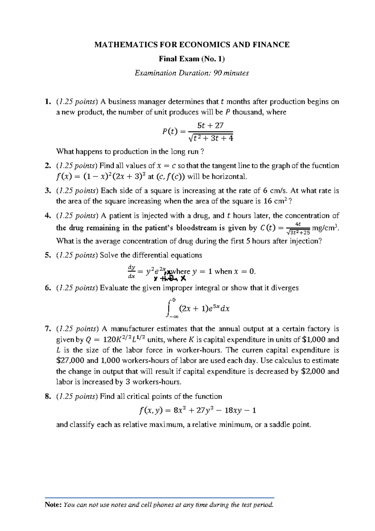Final calculus test - TRUONG DH KINH TE QUOC DAN DE THI HOC PHAN ...