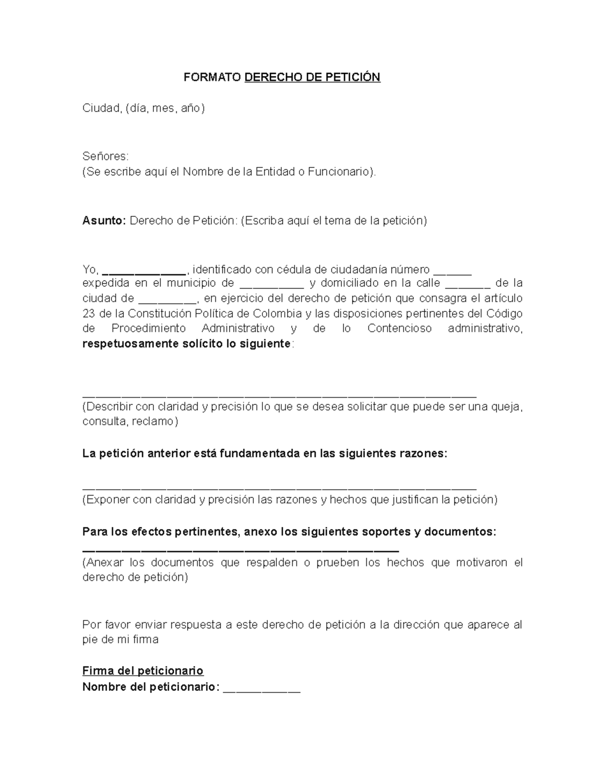 Formato Modelo Derecho de Petición - Ejemplo y Guía - Studocu