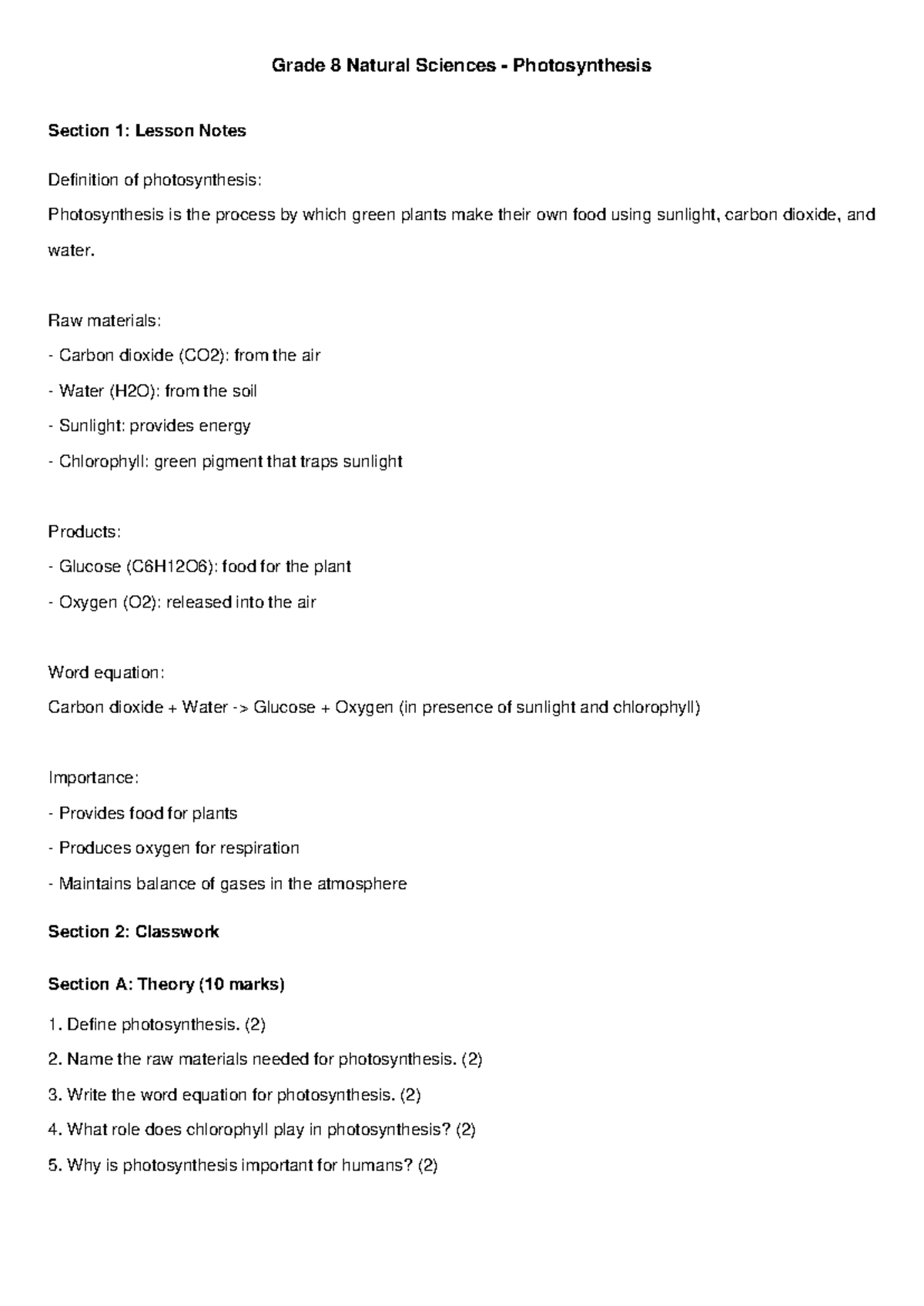 Grade 8 Natural Sciences: Photosynthesis Lesson Notes - Studocu