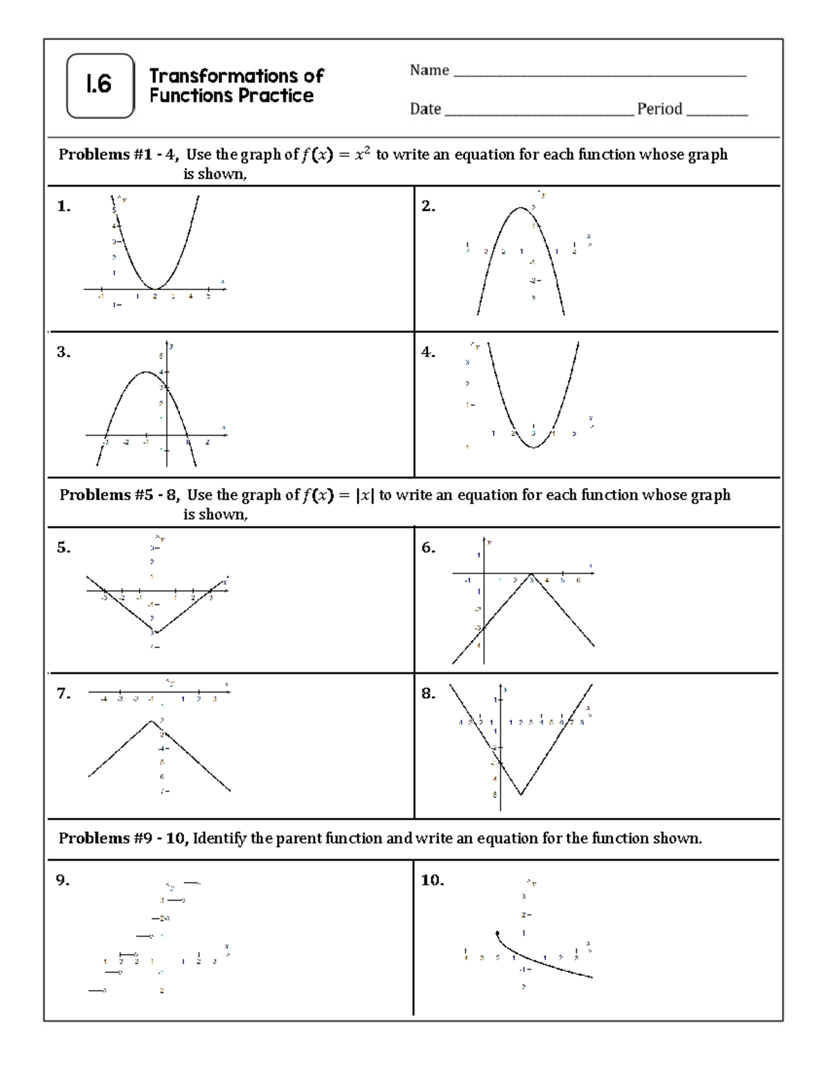 Transformations of Functions Practice - Homework Sheet - Studocu
