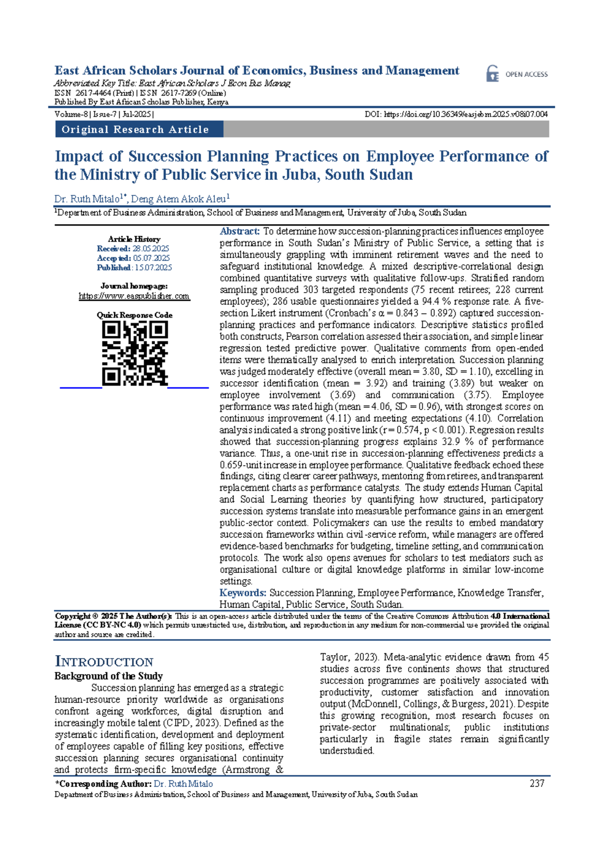 Impact of Succession Planning on Employee Performance in MoPS, South ...