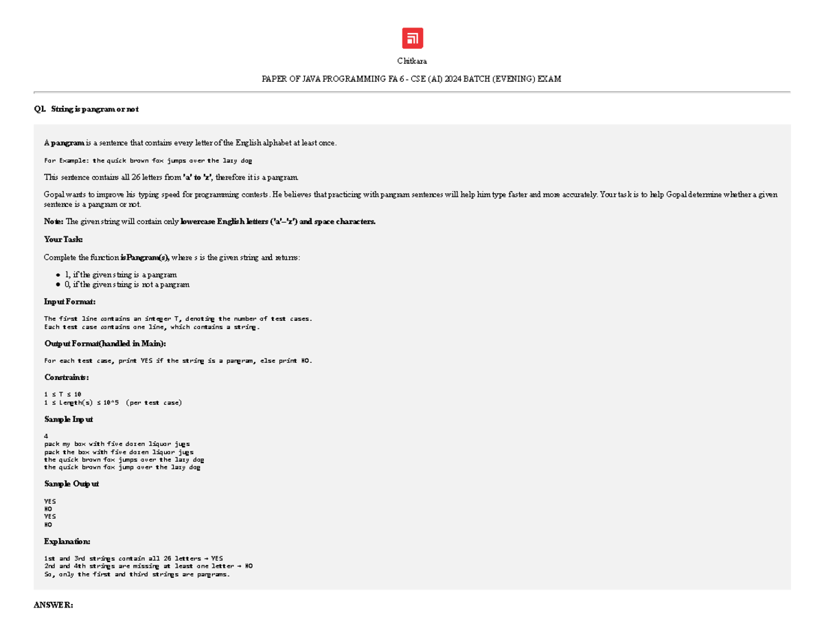 Java - 24CA10202 - Pangram and String Manipulation Exam Q1 - Studocu