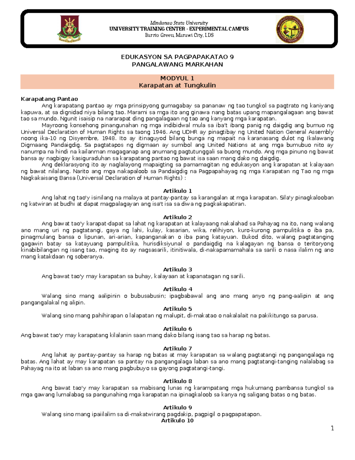 2nd Q Handout G9 - second quarter module edukasyon sa pagpapakatao ...