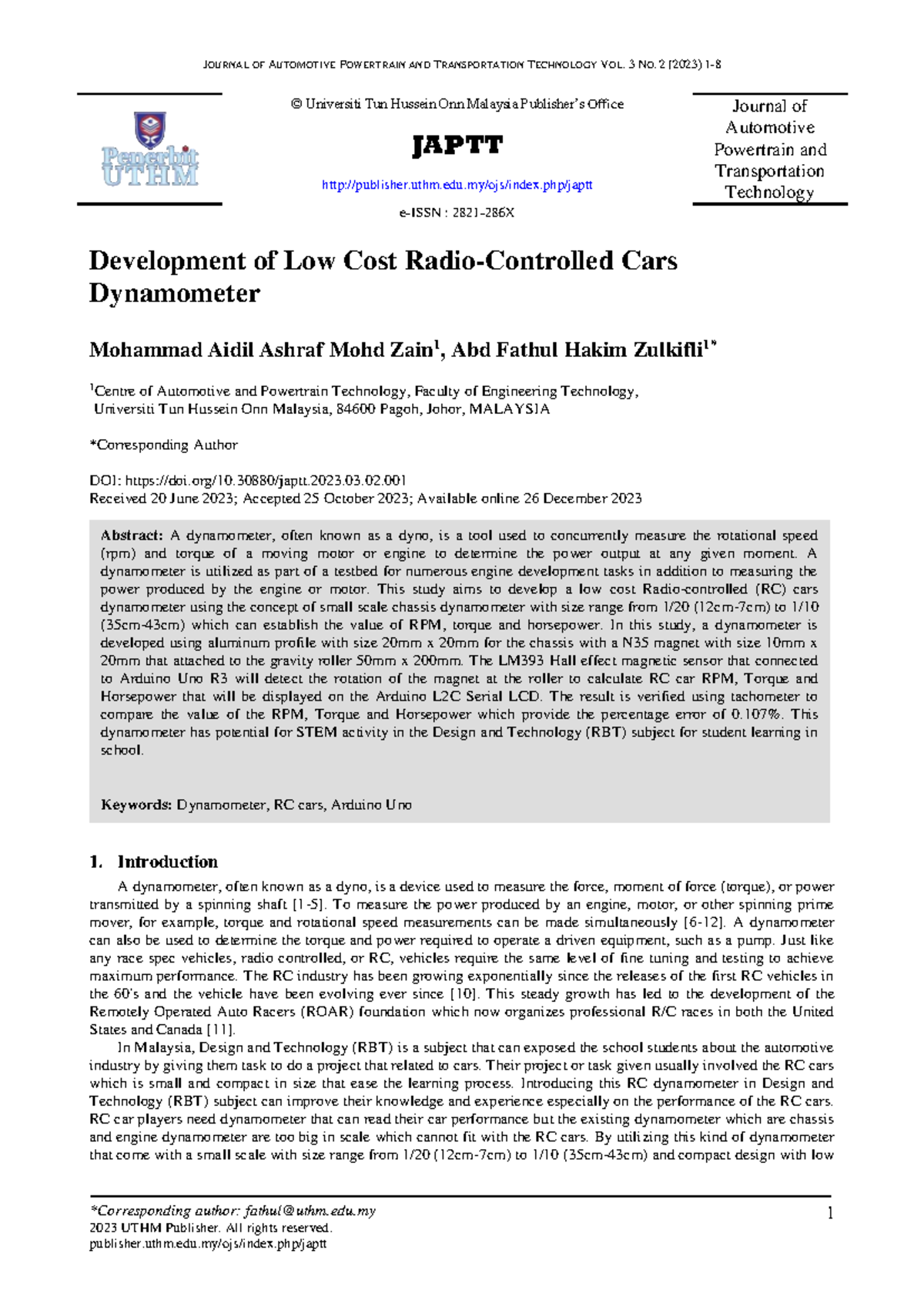 Development of Low-Cost RC Car Dynamometer for STEM Education (JAPTT ...