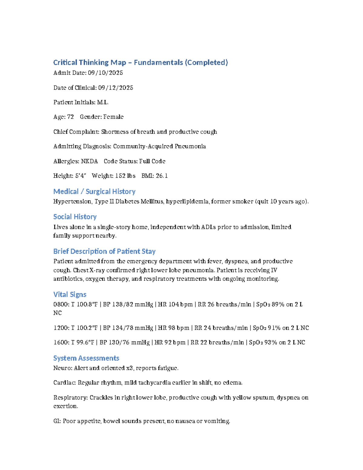 Critical Thinking Map: Patient Case Study - Pneumonia (Completed) - Studocu