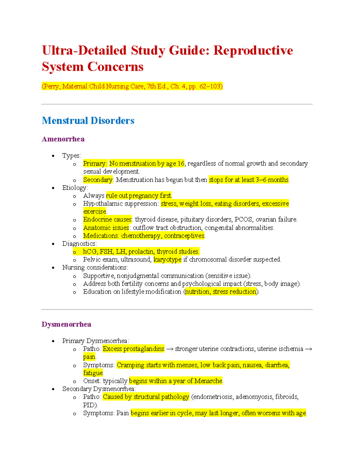 Ultra-Detailed Study Guide: Reproductive System Concerns (HESI) - Studocu