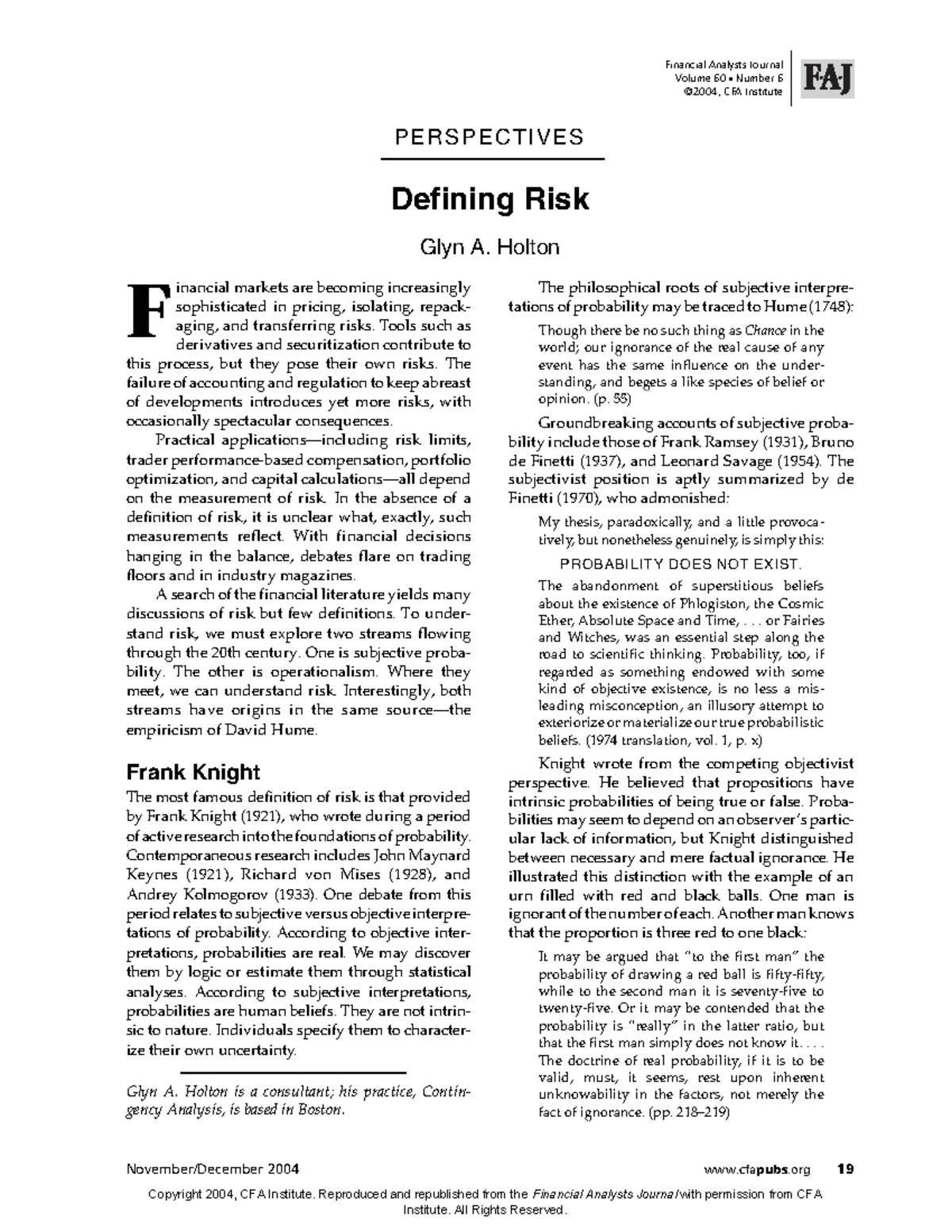 CFA 60: Defining Risk - Insights from Financial Analysts Journal - Studocu