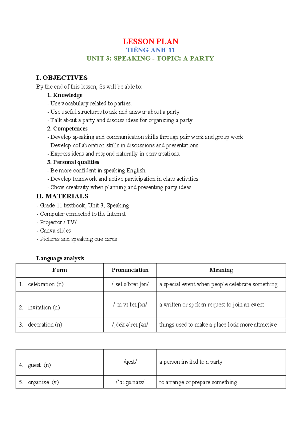LESSON PLAN TIẾNG ANH 11 UNIT 3: SPEAKING ABOUT PARTIES - Studocu