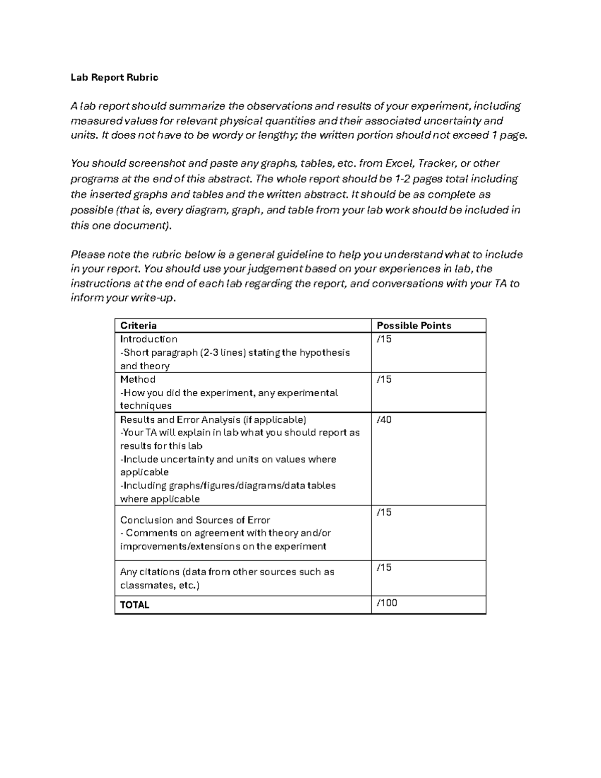 Lab Report Rubric - Guidelines for Experiment Summary - Studocu