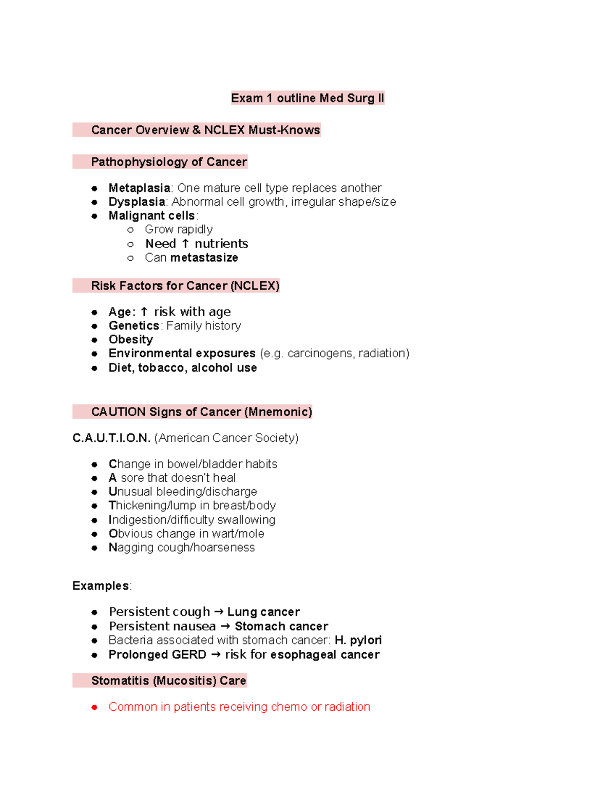 Exam 1 Review Notes: Med Surg II Cancer Overview & NCLEX Insights - Studocu