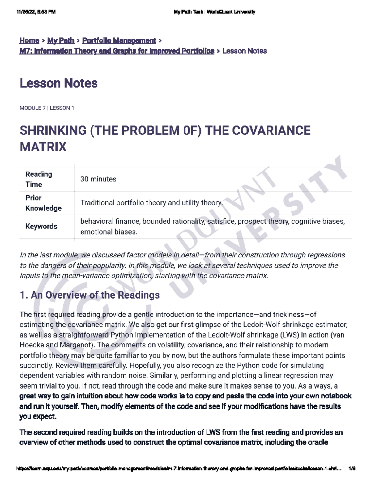 MSc FE 652 Portfolio Management M7 - 9:53 PM My Path Task I WorldQuant University Home My Path ...