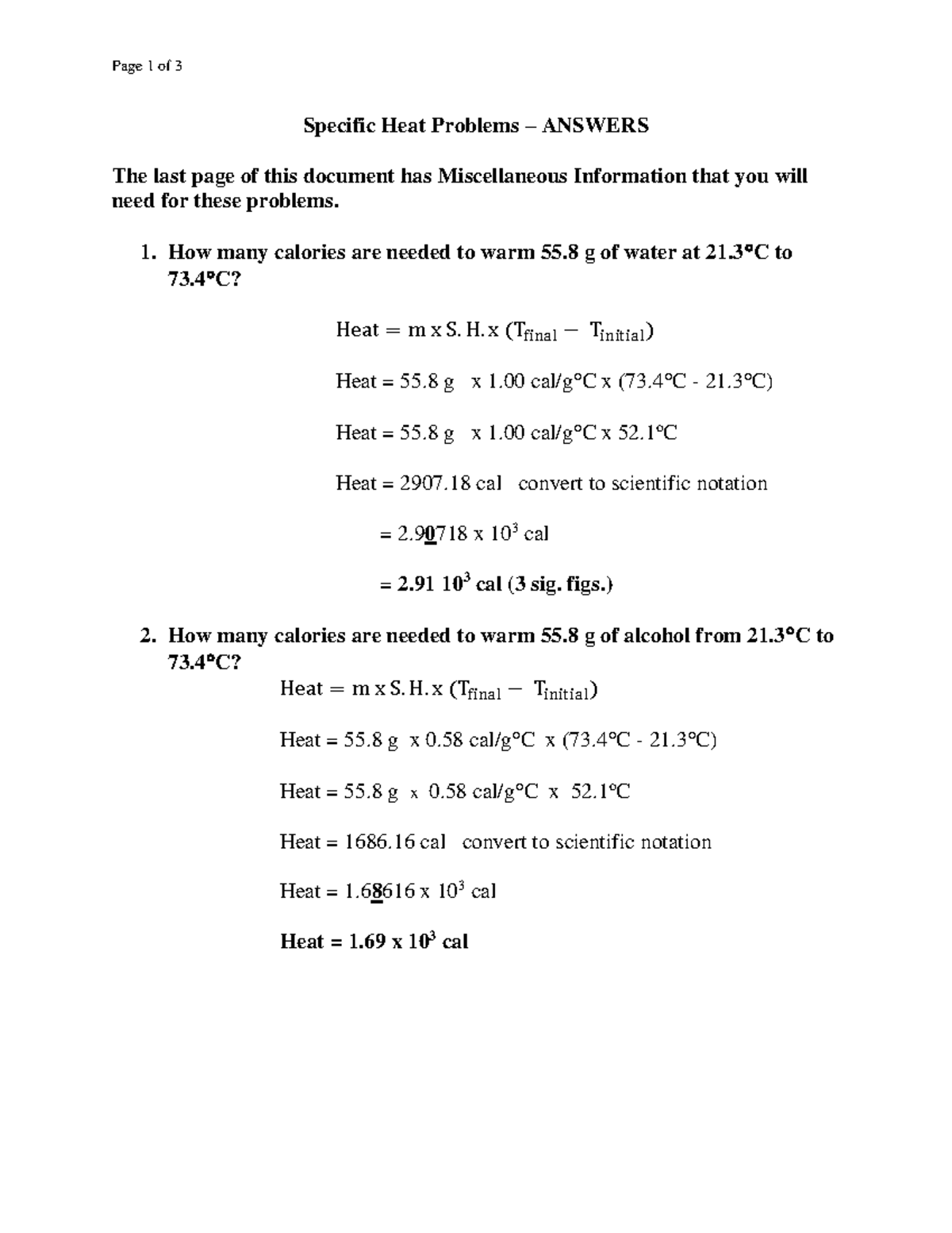 Specific Heat Practice Problems Answers - Page 1 of 3 Specific Heat ...