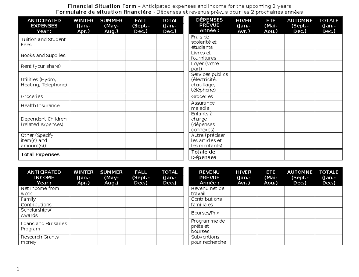 Financial Situation Form FCCICL-1: 2-Year Expense & Income Plan - Studocu